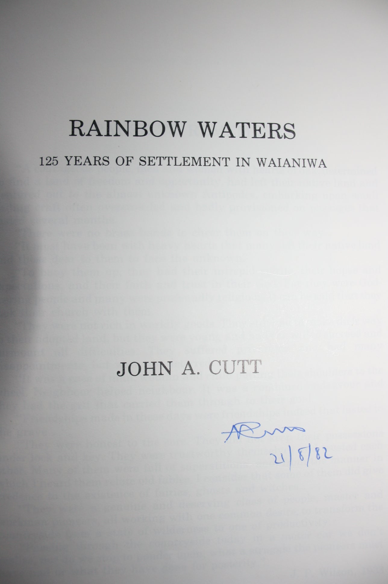 Rainbow Waters. 125 Years Of Settlement In Waianiwa. SIGNED FIRST EDIT ...